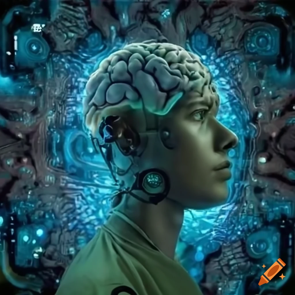 Brain-machine connected with ai military backround on Craiyon