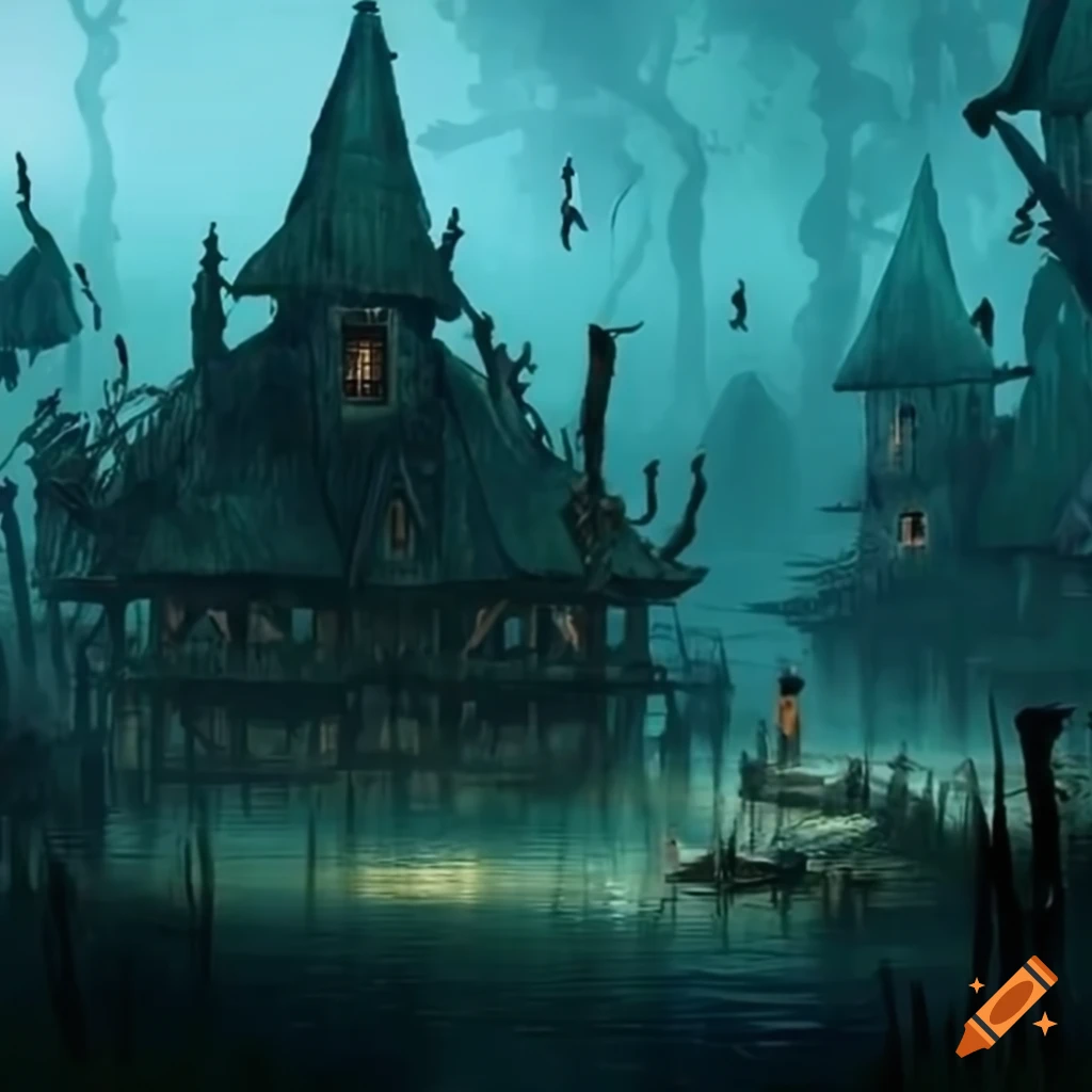 High fantasy dark swamp town built on stilts surrounded by water with ...