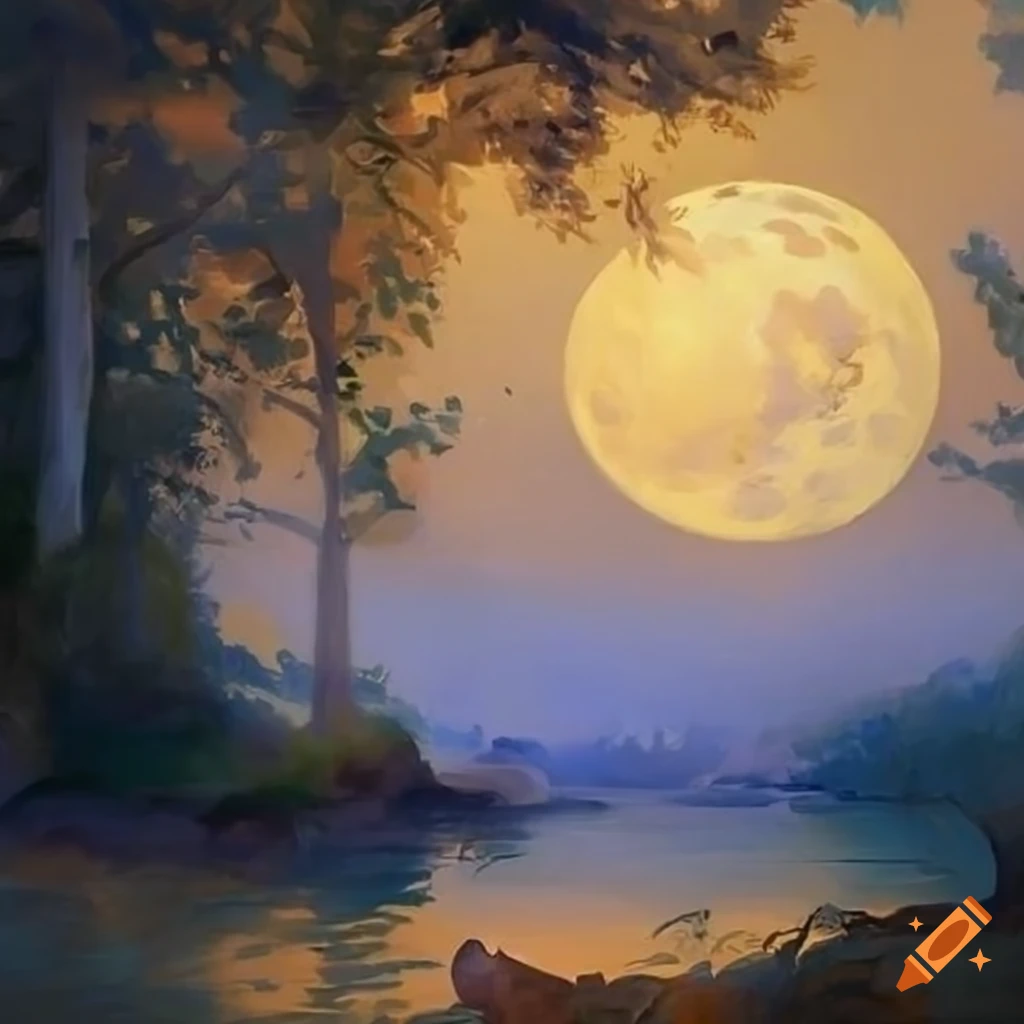 A beautiful painting of a big moon, shining its light across a forest ...