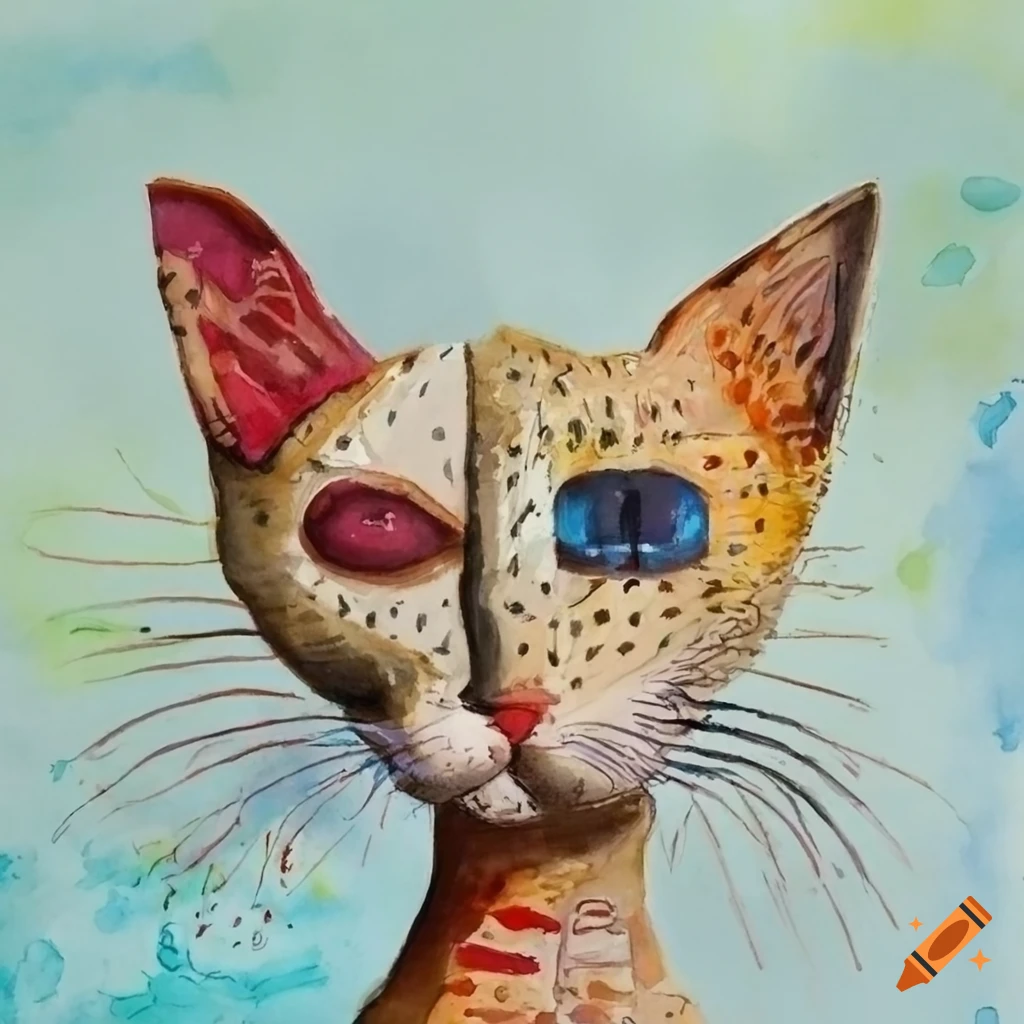 Watercolor painting in david hockney style outsider surreal art cat ...