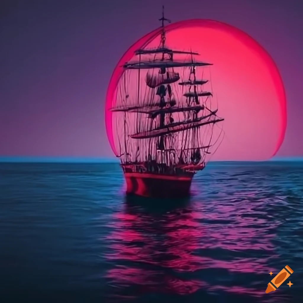 A menacing pirate vessel with red sails and synthwave on Craiyon