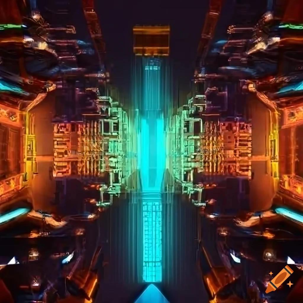 Theater inspired by futuristic diamond quantum computer, total shot ...