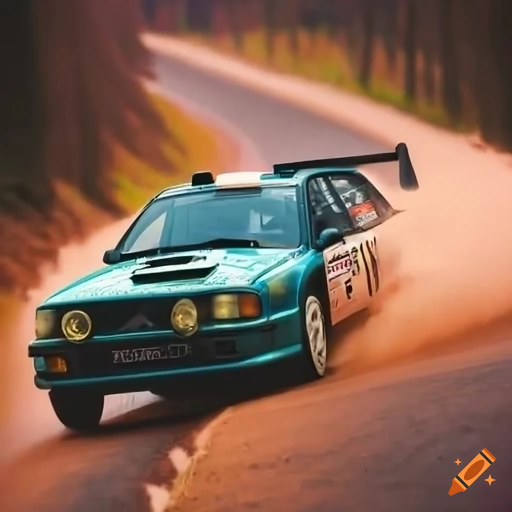 A 90s rally car on fast flowing forrest road on Craiyon