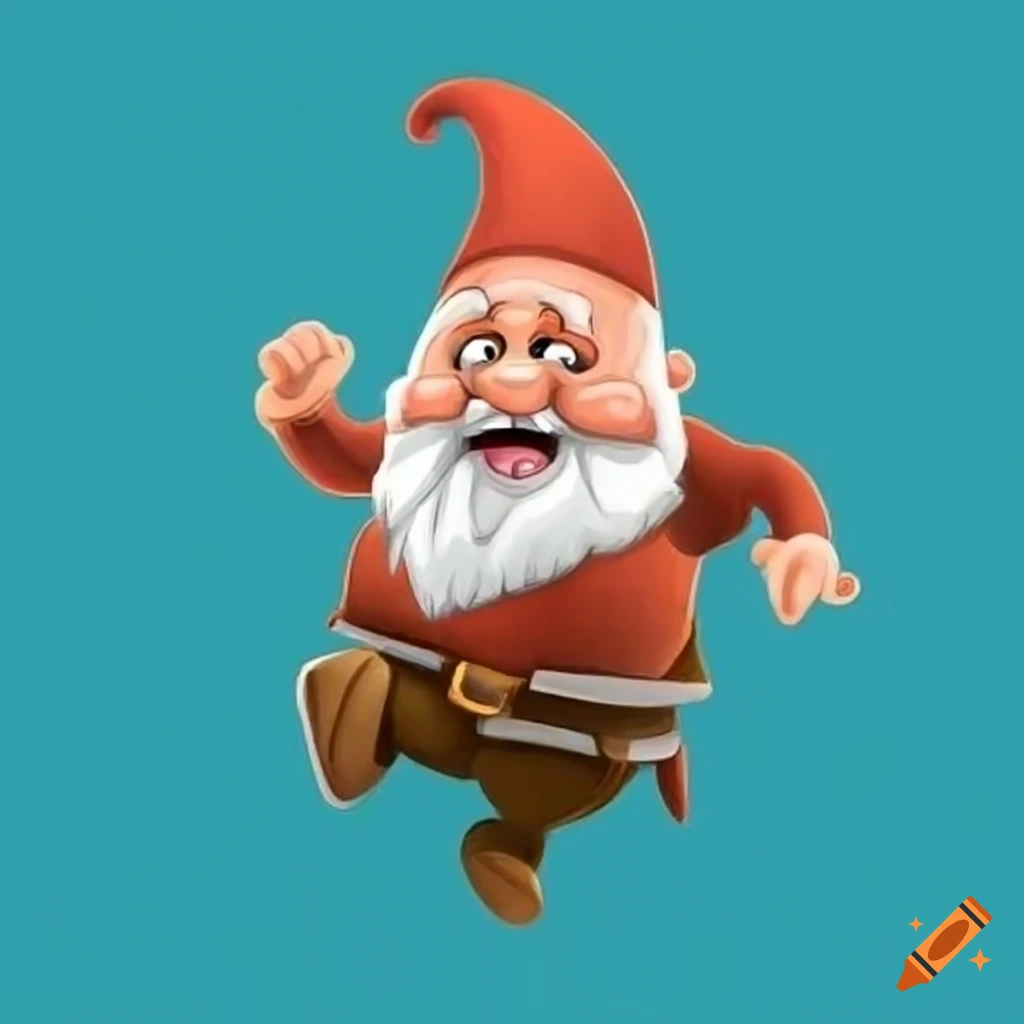 A cartoon image dwarf with a cap jumps into the distance leg first on ...