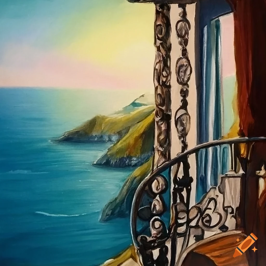 Oil painting showing a serene balcony view with sea and sunny sky from ...