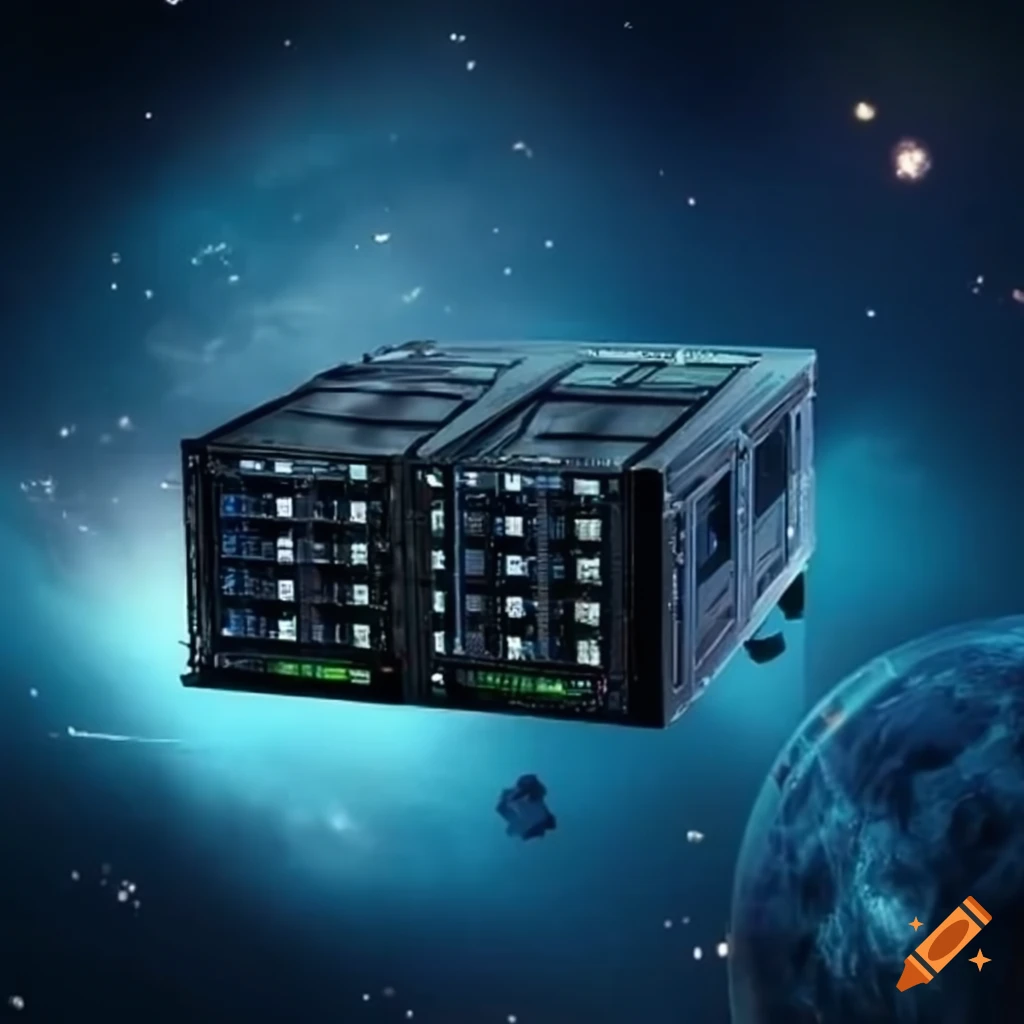 Fast datacenter server rack travelling in space on Craiyon