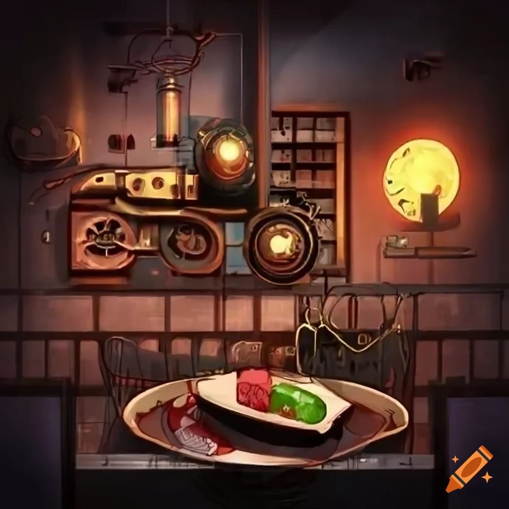 Steampunk-themed steakhouse restaurant, key anime visual