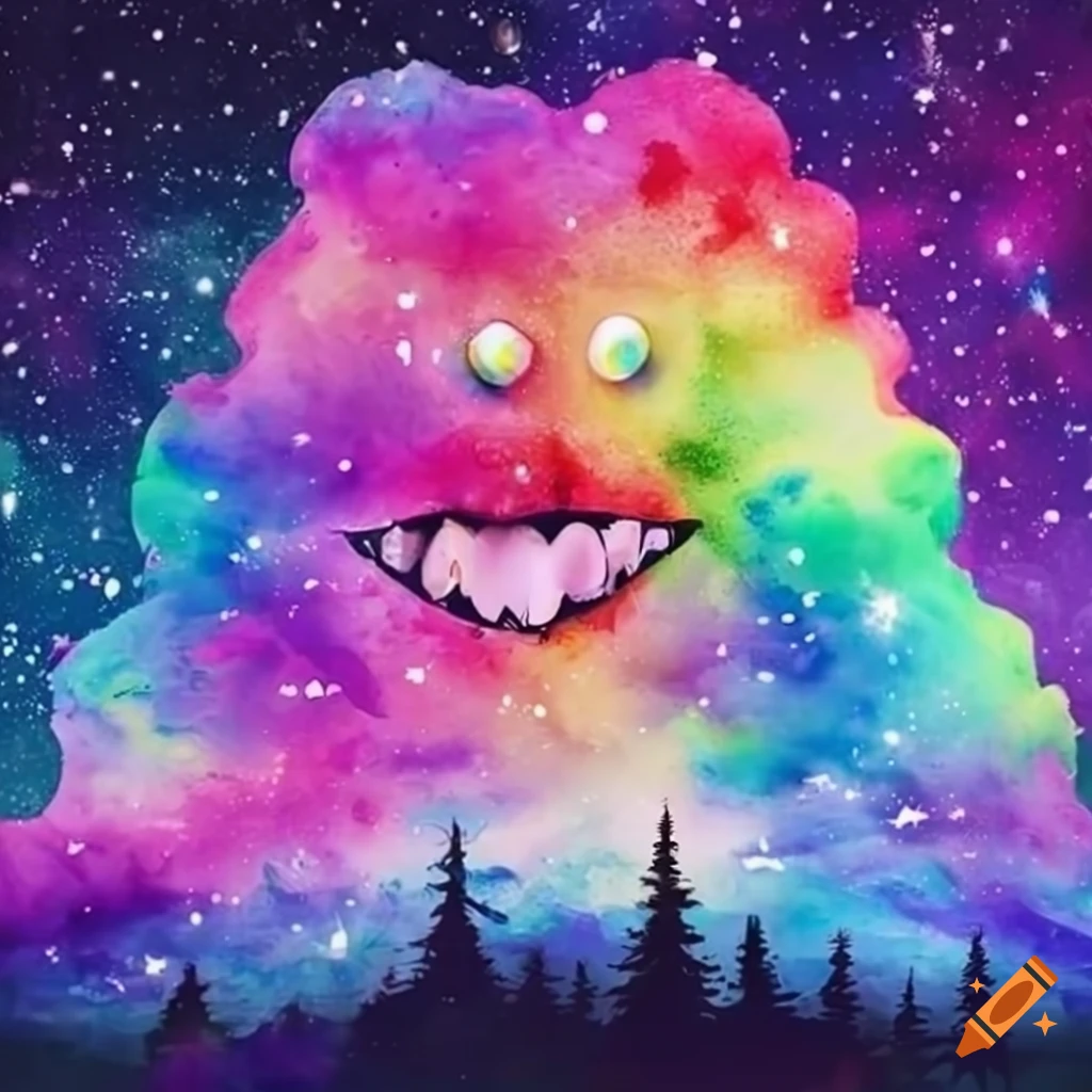 Fluffy creature huge pointy eyes rainbow cloud big lips big teeth happy ...