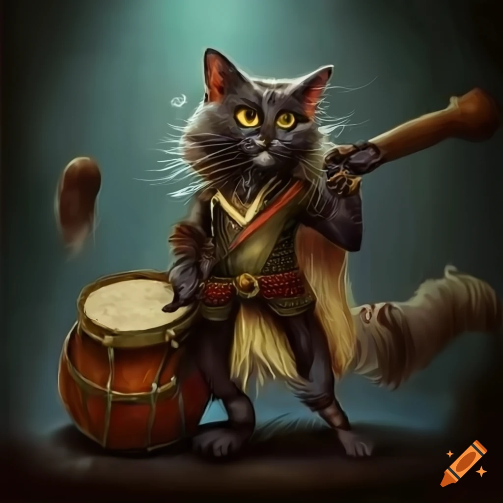 Long haired black cat tabaxi bard with hand drum