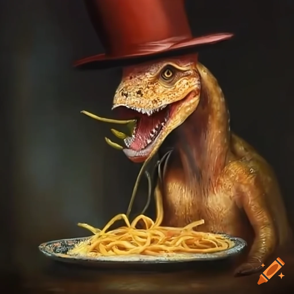 A dinosaur eating spaghetti with a top hat on its head on Craiyon