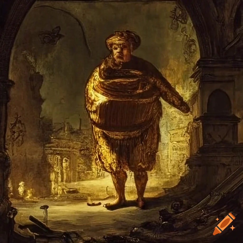 Gold suit fat man stands cramped in small golden cage sunbeams, at ...