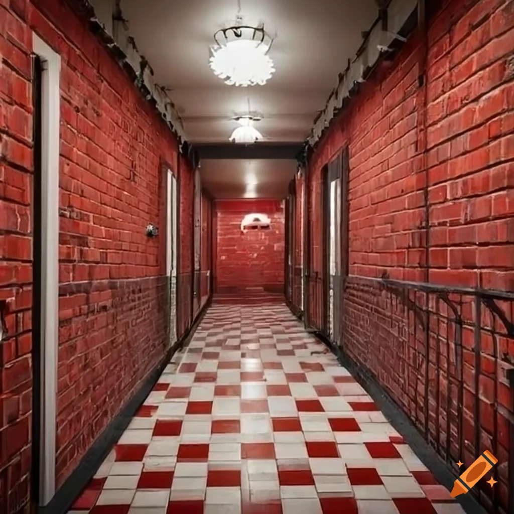 Brightly lit pizzeria hallway with red brick walls and checkered floor ...