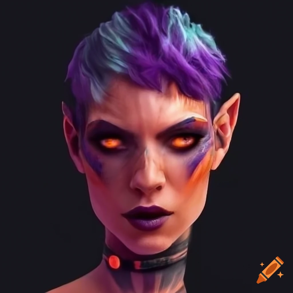 Female navi'i with a short purple undercut and orange draconian eyes