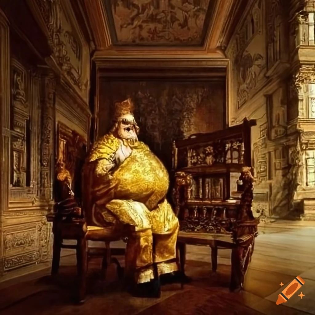 Gold Suit Fat Man in Castle Room with Large Window at Sunset Gold ...