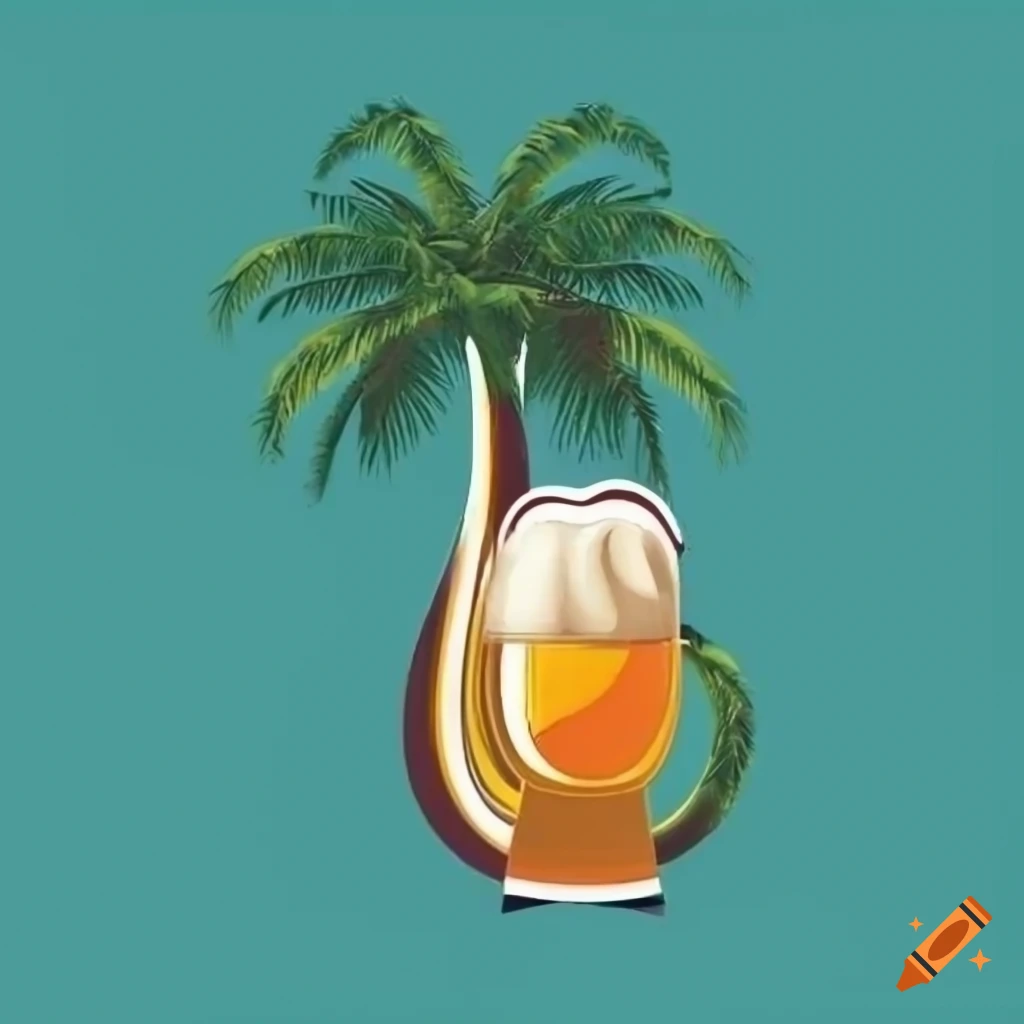 Logo of a tropical beer paradise with palm trees and waves on Craiyon