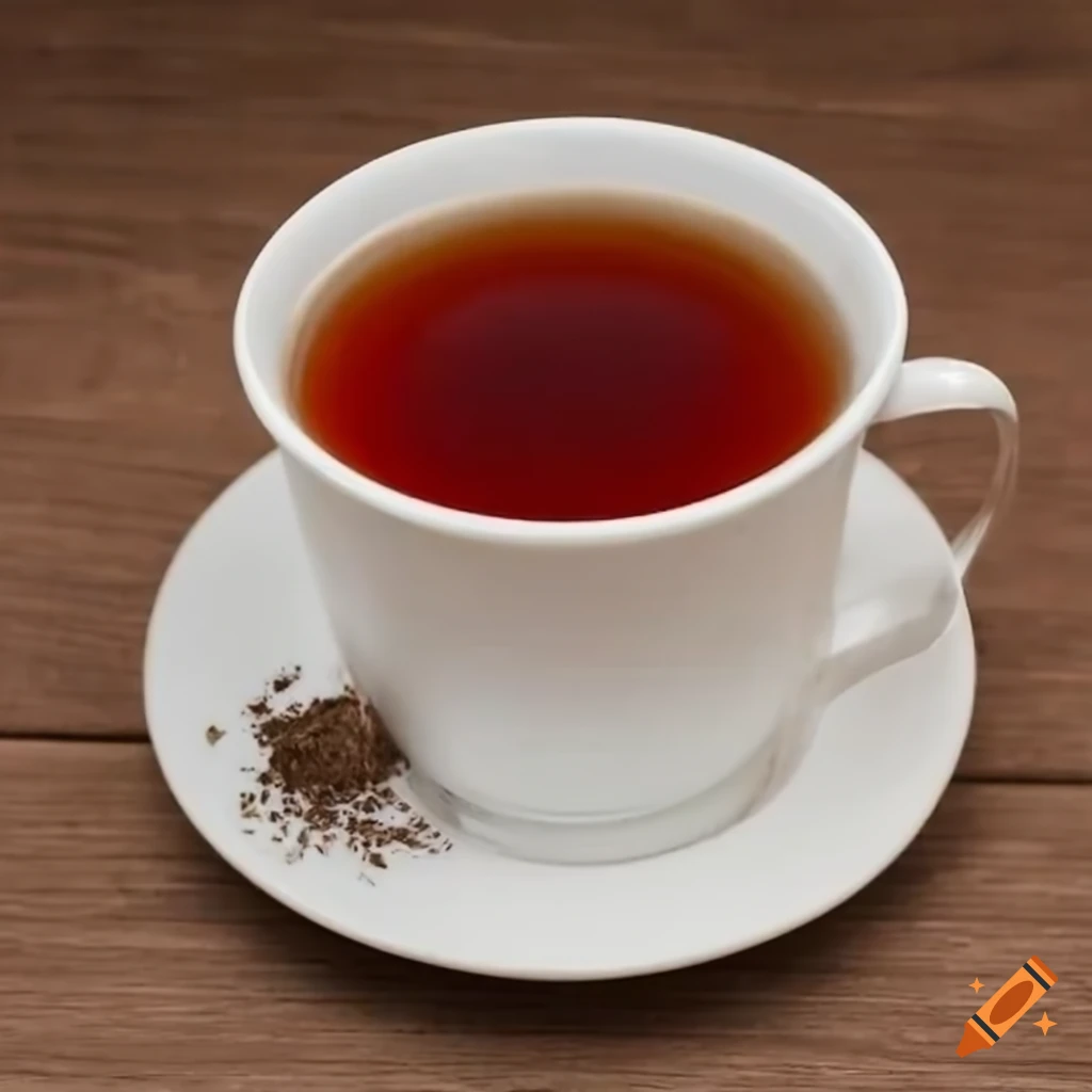 A hot cup of freshly brewed tea on rustic wood on Craiyon
