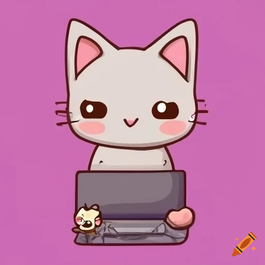 Cat sitting in front of computer kawaii chibi