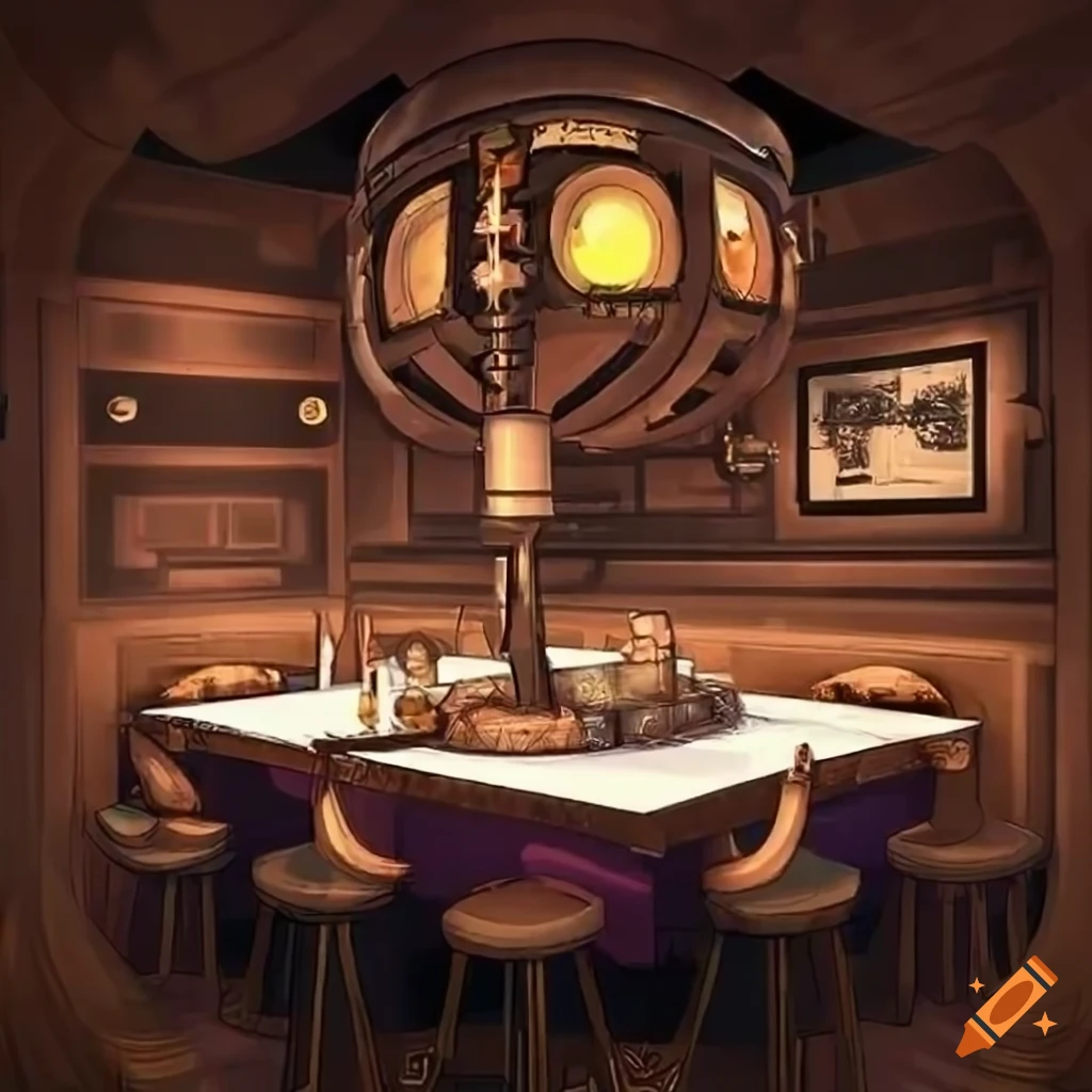 Steampunk-themed steakhouse restaurant, key anime visual on Craiyon