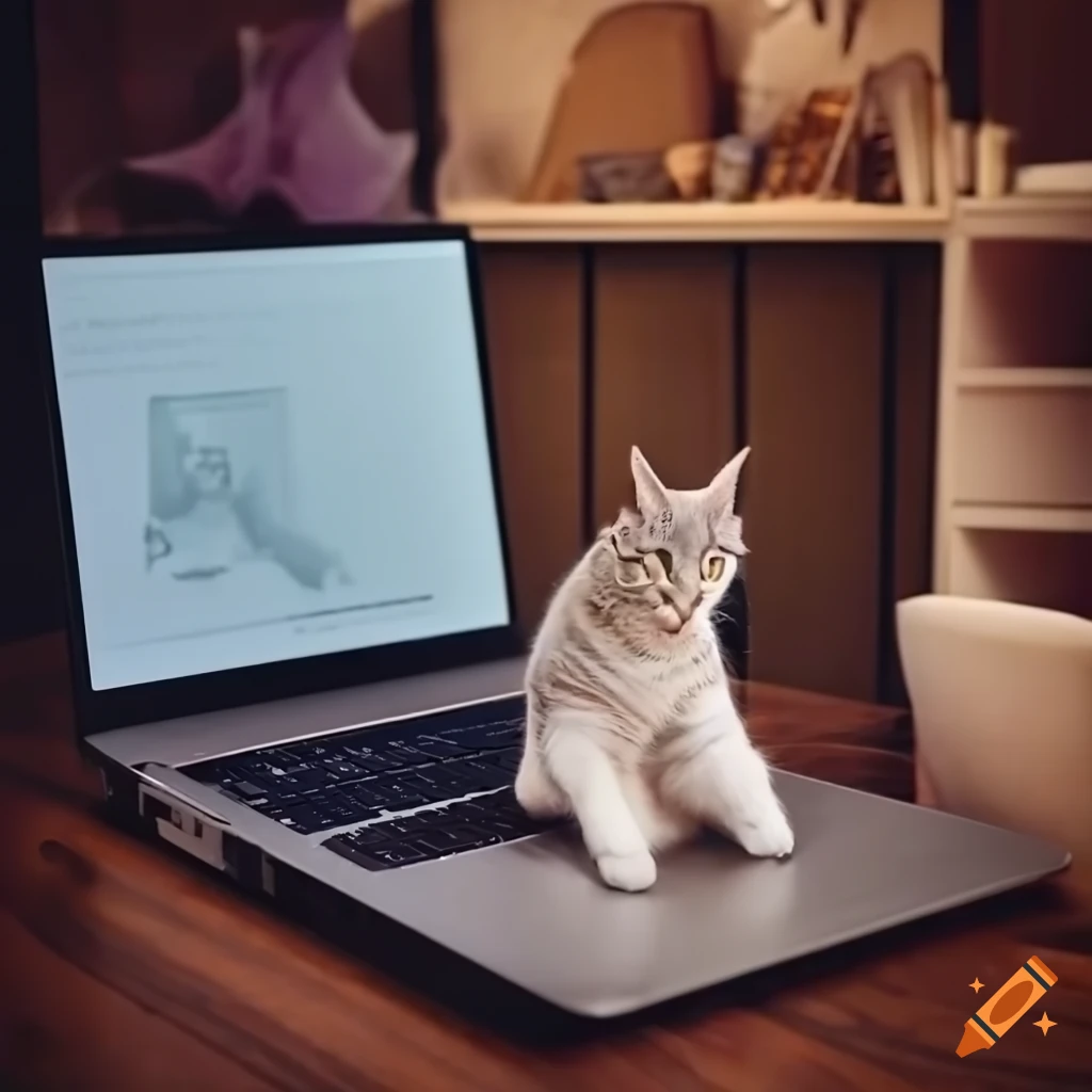 A photo of a cat coding in front of a laptop
