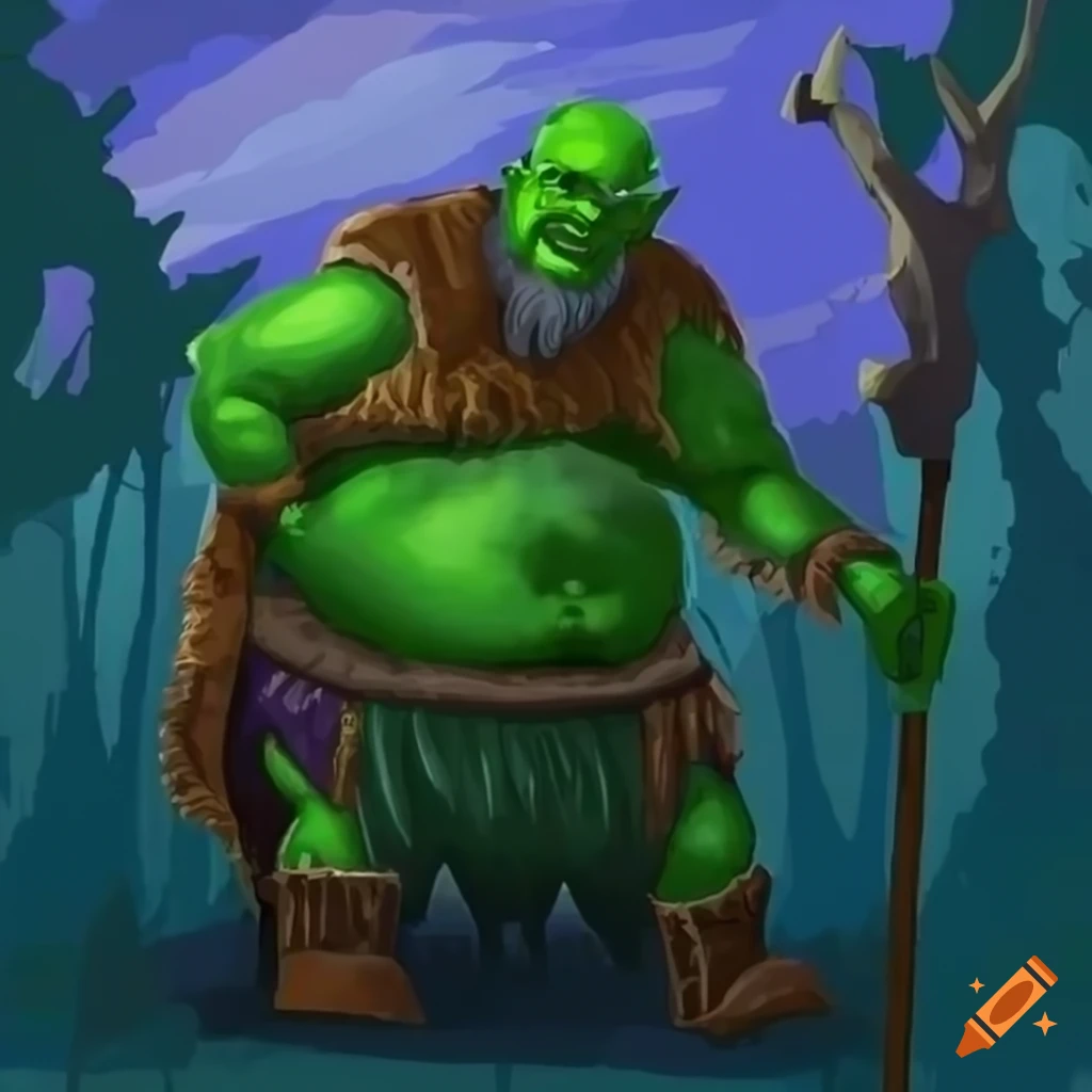 Fat bald elderly green-skinned orc shaman with a huge belly and a full ...