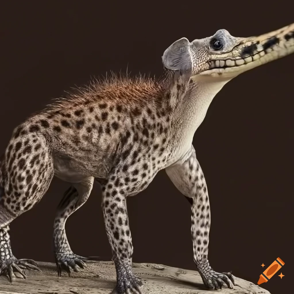 A whimsical mammal-reptile hybrid savannah creature inspired in both hyenas and gharials, with ...