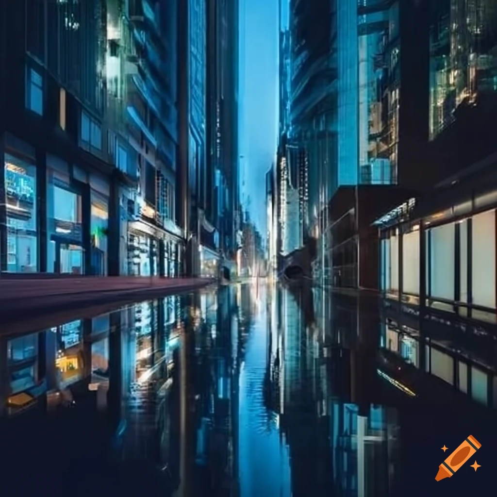 Modern luxury futuristic alley with modern skyscrapers at night raining ...