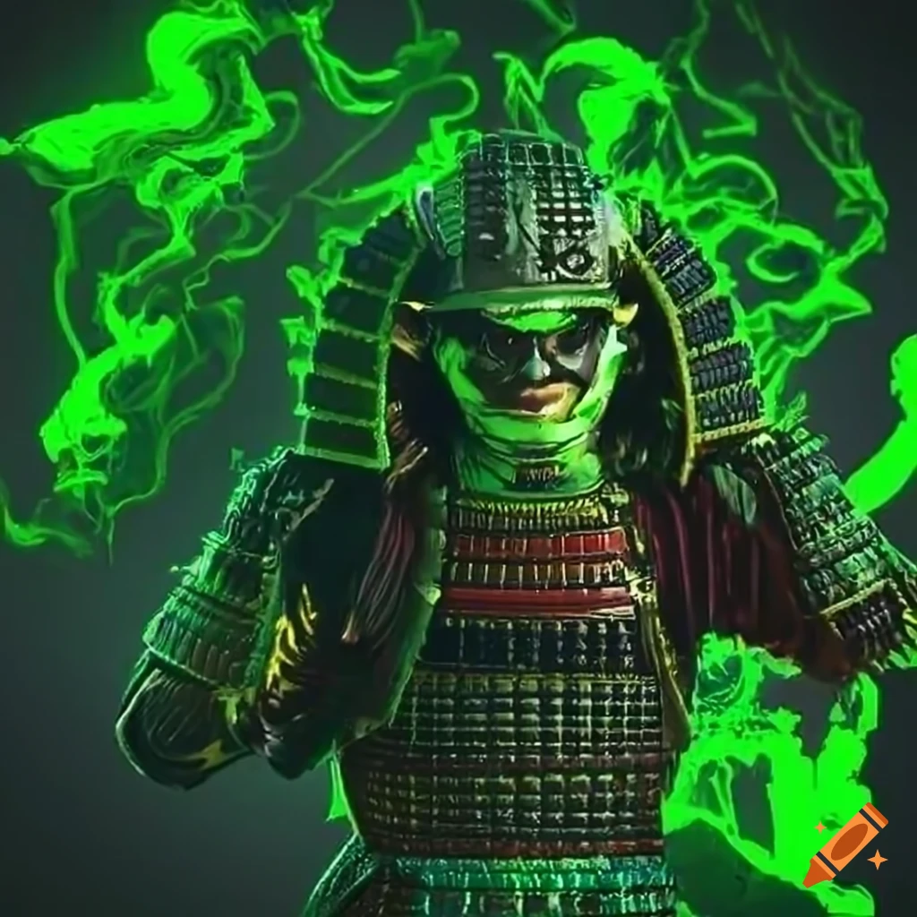 A badass samurai in a cool pose with neon green accents on Craiyon