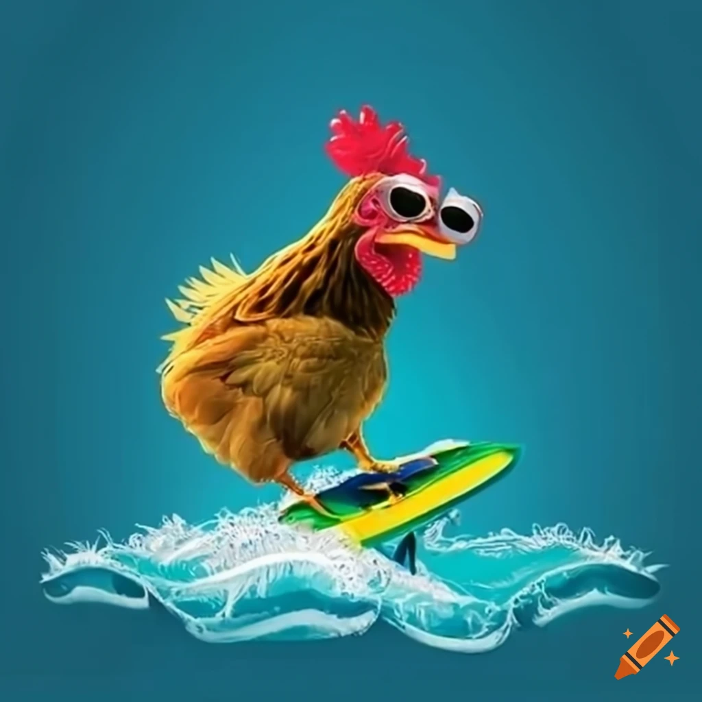 A chicken in sunglasses surfing a crocodile