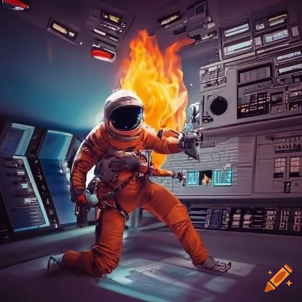 An astronaut with a fire extinguisher, extinguishing a fire inside a ...