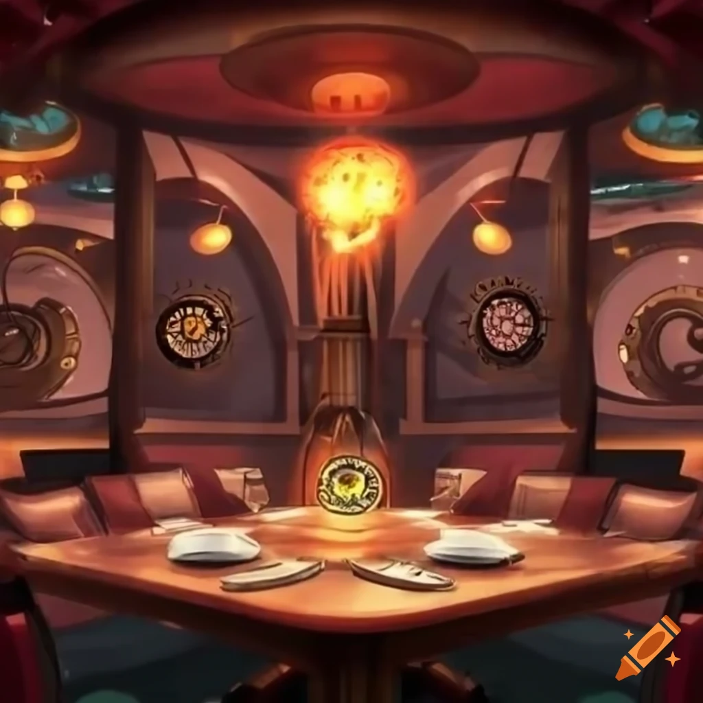 Steampunk-themed steakhouse restaurant, key anime visual
