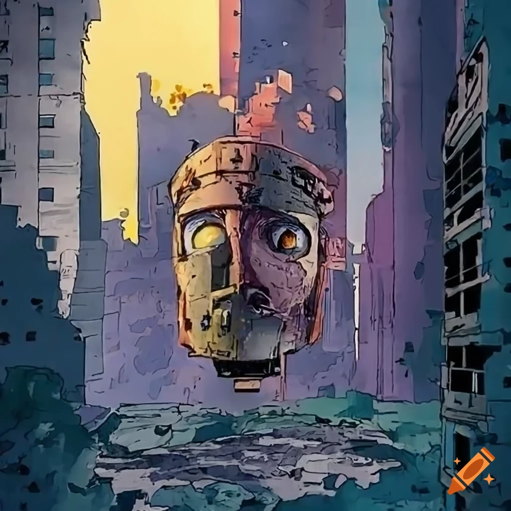 Post-apocalyptic sci-fi, 80s 90s anime, giant face hovering over ...