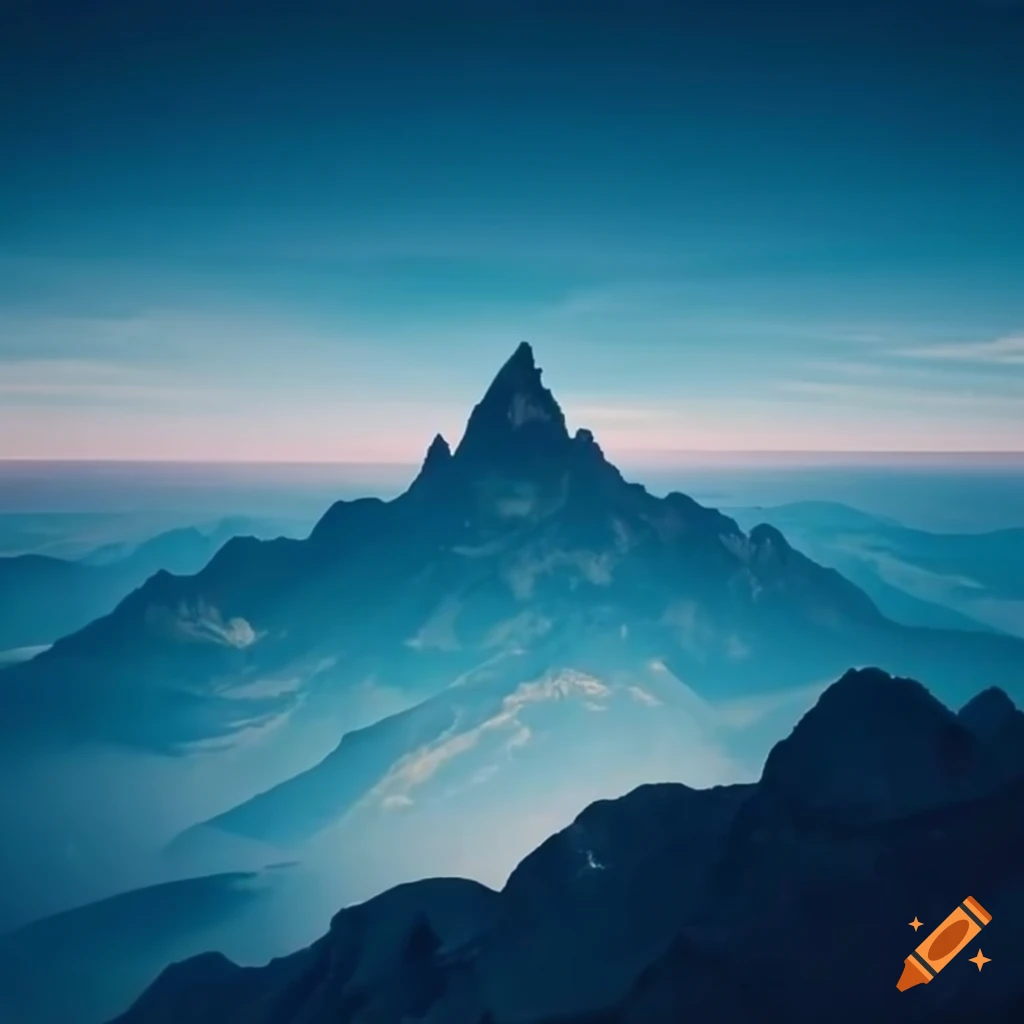 Scenic view of mountains with a crystal key atop the peak