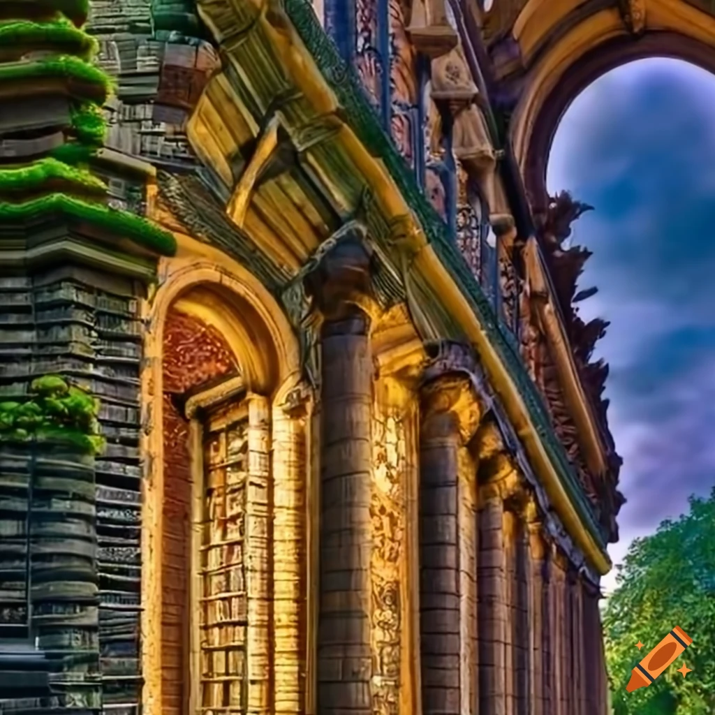 Courtyard garden in ornate, light-filled library on Craiyon