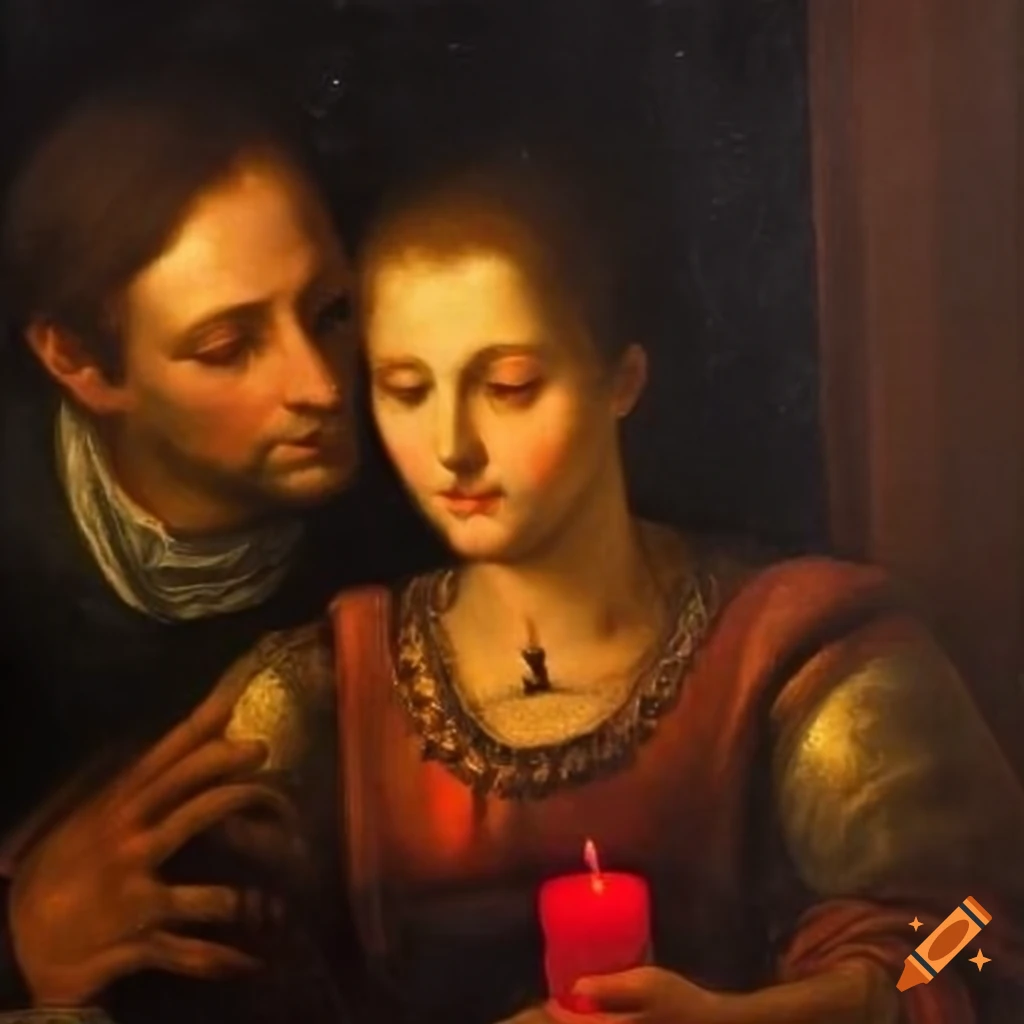 A romantic renaissance oil painting of a couple with an illuminated red ...