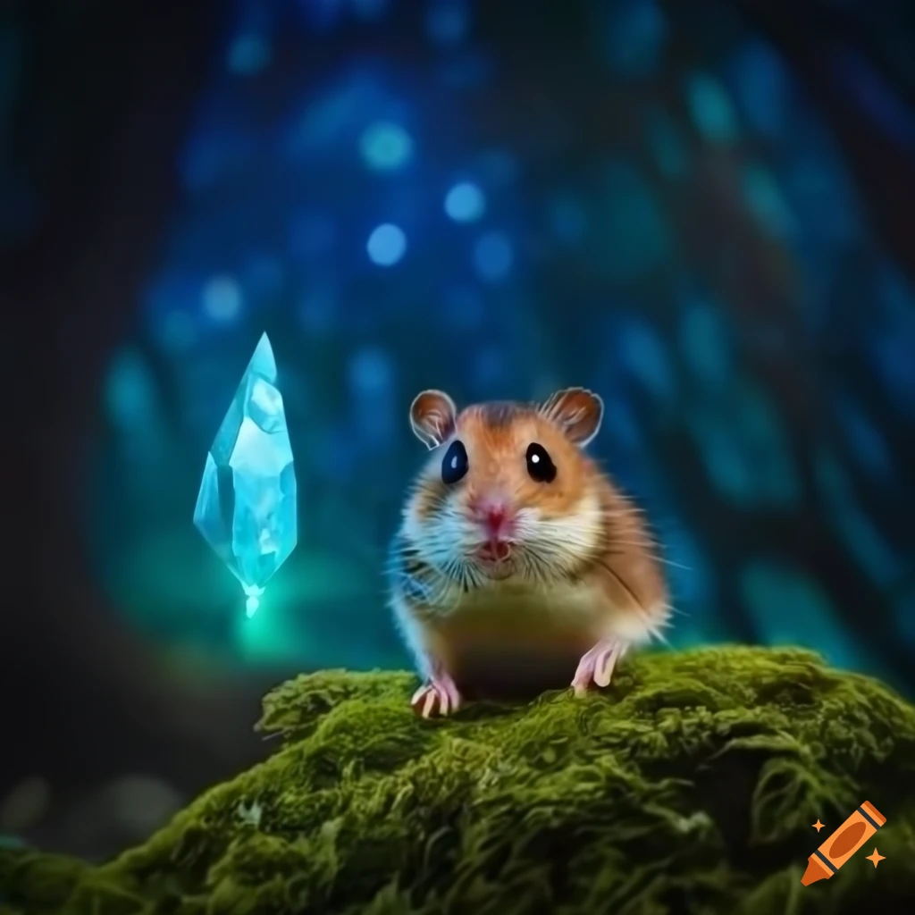 Storybook Illustration: a european hamster in a mossy crystal forest ...