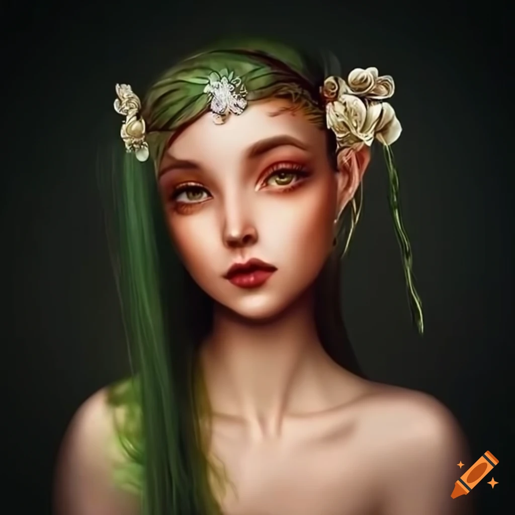 Generate a beautiful girl in the style of a nymph with an over the ...