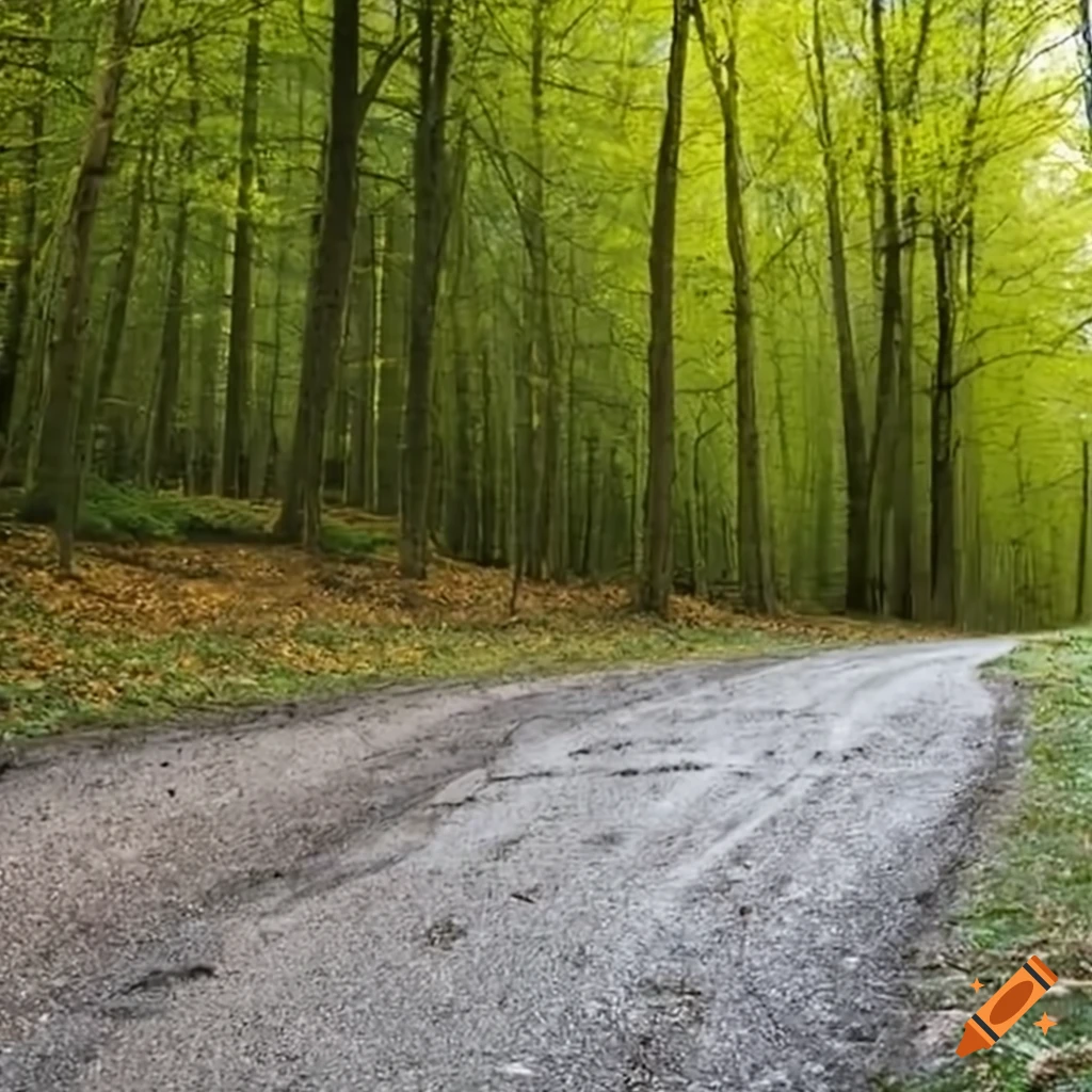 Wide gravel pothole road through mixed forest in central europe on Craiyon