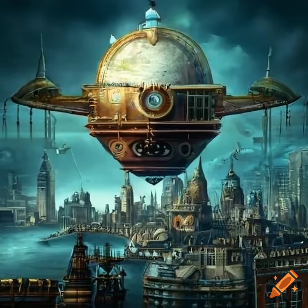 A steampunk city filled with airships and clockwork automatons, powered ...