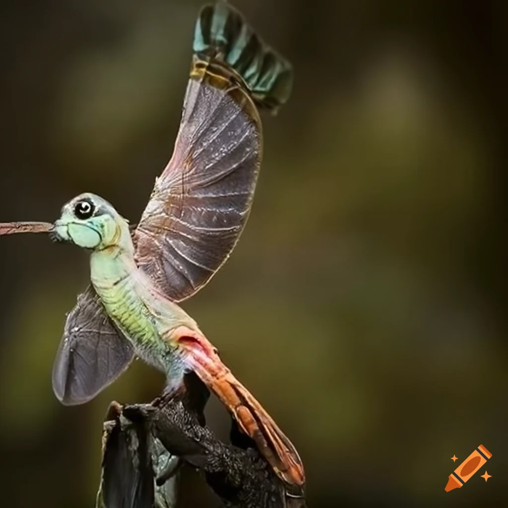 A whimsical hybrid bird creature with dragonfly features on Craiyon