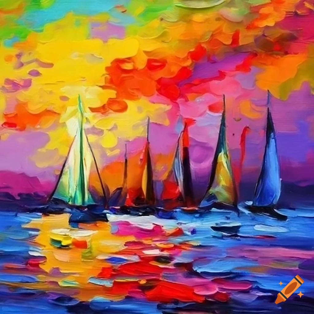 Vibrant colorful sailboats oil painting