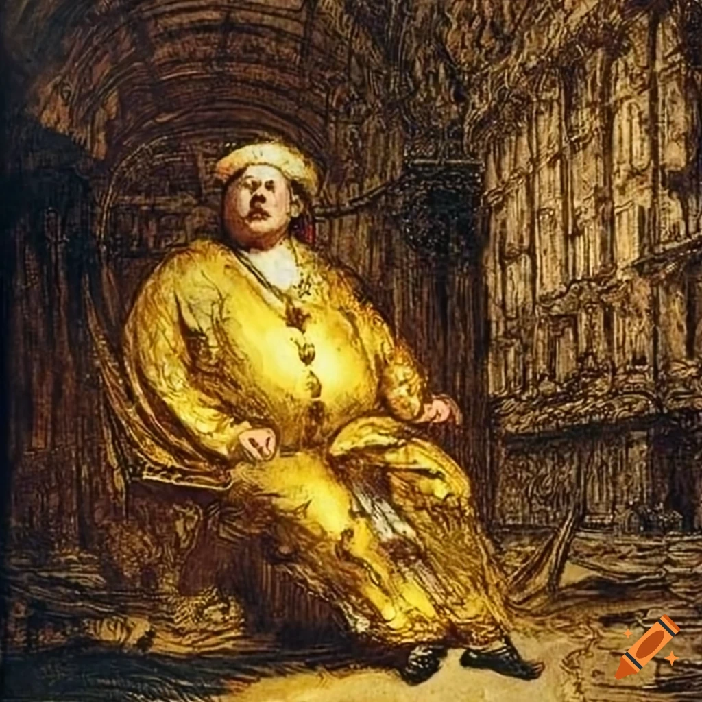 Gold suit fat man stands cramped in small golden cage at sunset gold ...