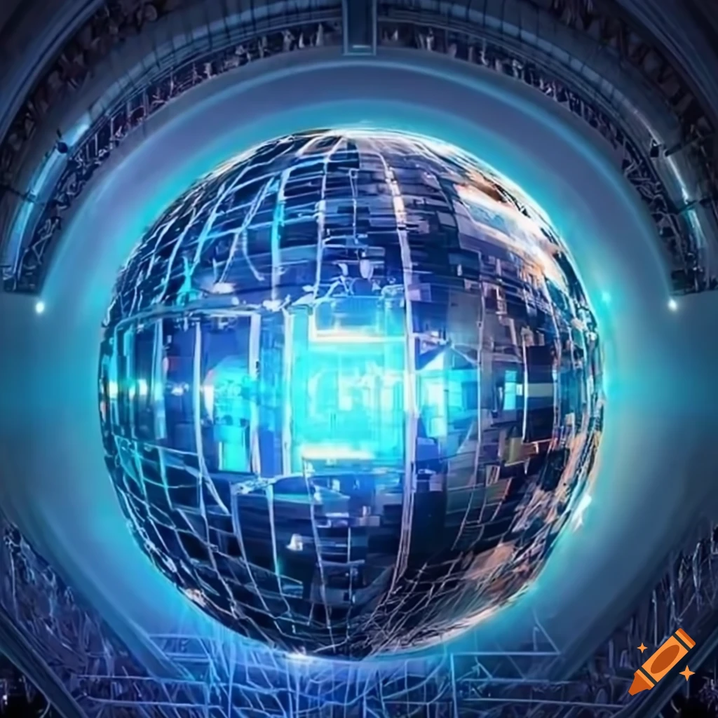 A futuristic data sphere rising in a grand white hall