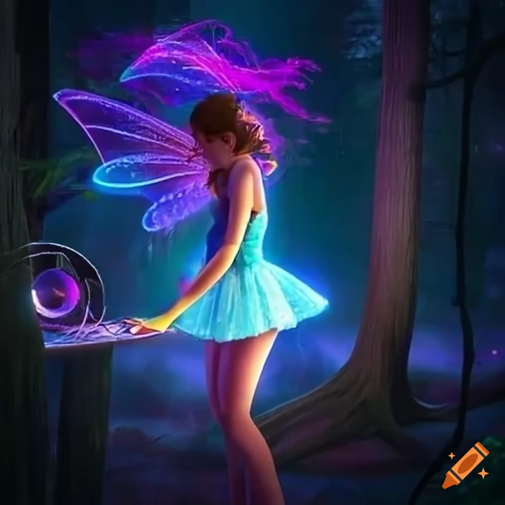 A holographic dj fairy spinning tunes in a magical forest