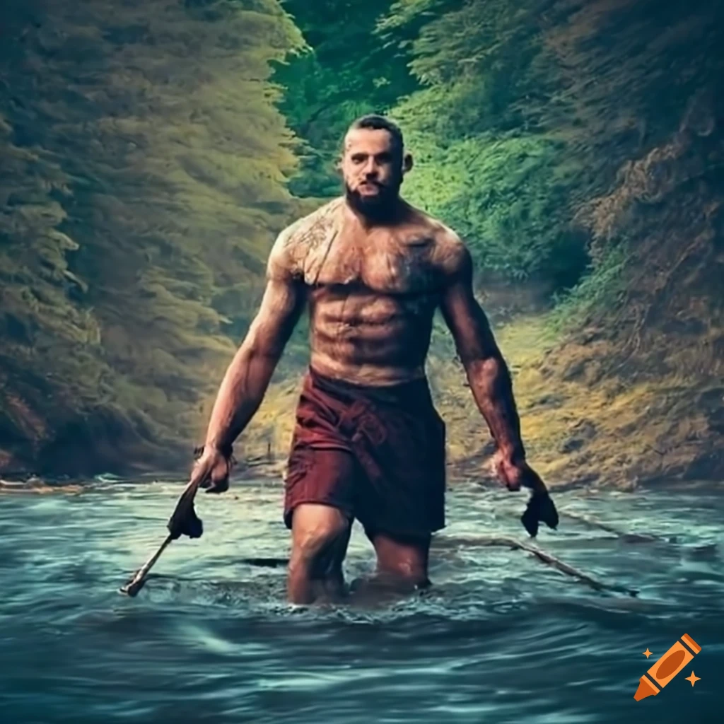 Strong man carrying logs in the river on Craiyon