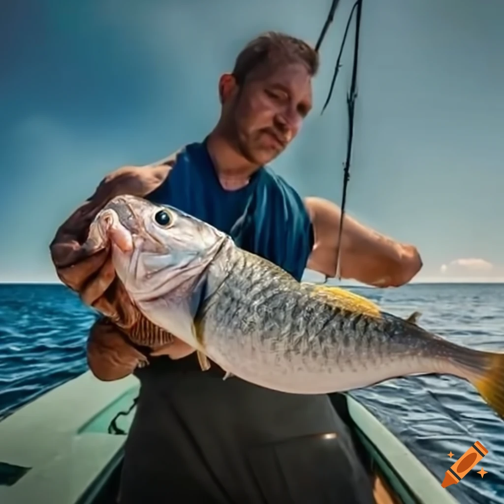 A fish on a boat holding a man on Craiyon