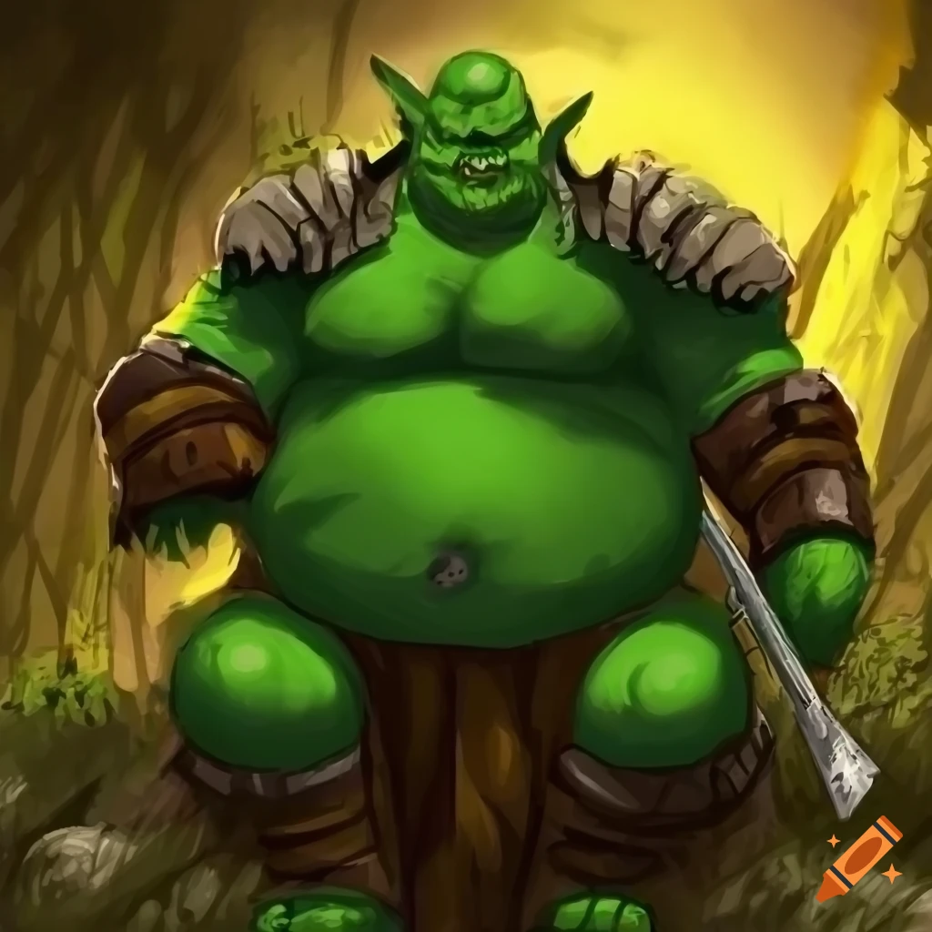 Fat bald green-skinned orc warrior with a huge belly and a full beard ...