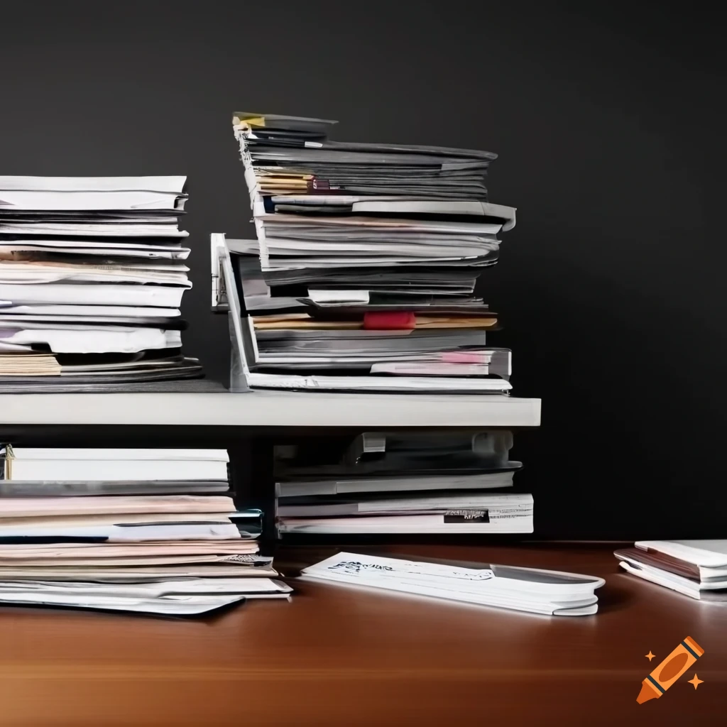 A photograph of a neatly organized desk with stacks of ordered papers ...