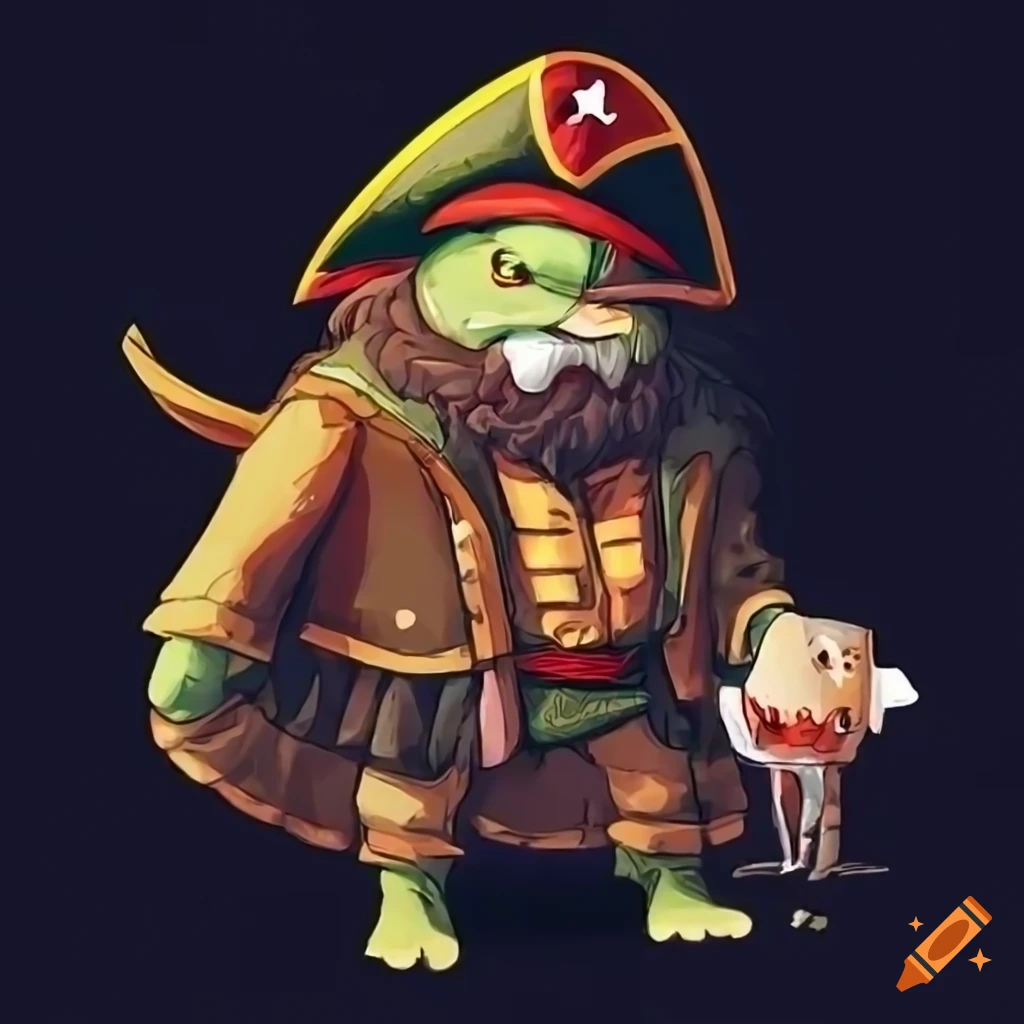 Bearded anthropomorphic cartoon turtle dressed in pirate clothing