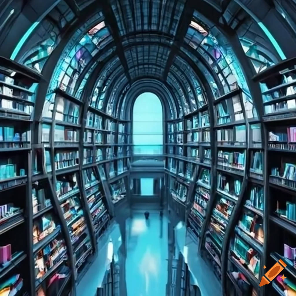 A futuristic library with towering vaults and advanced technology