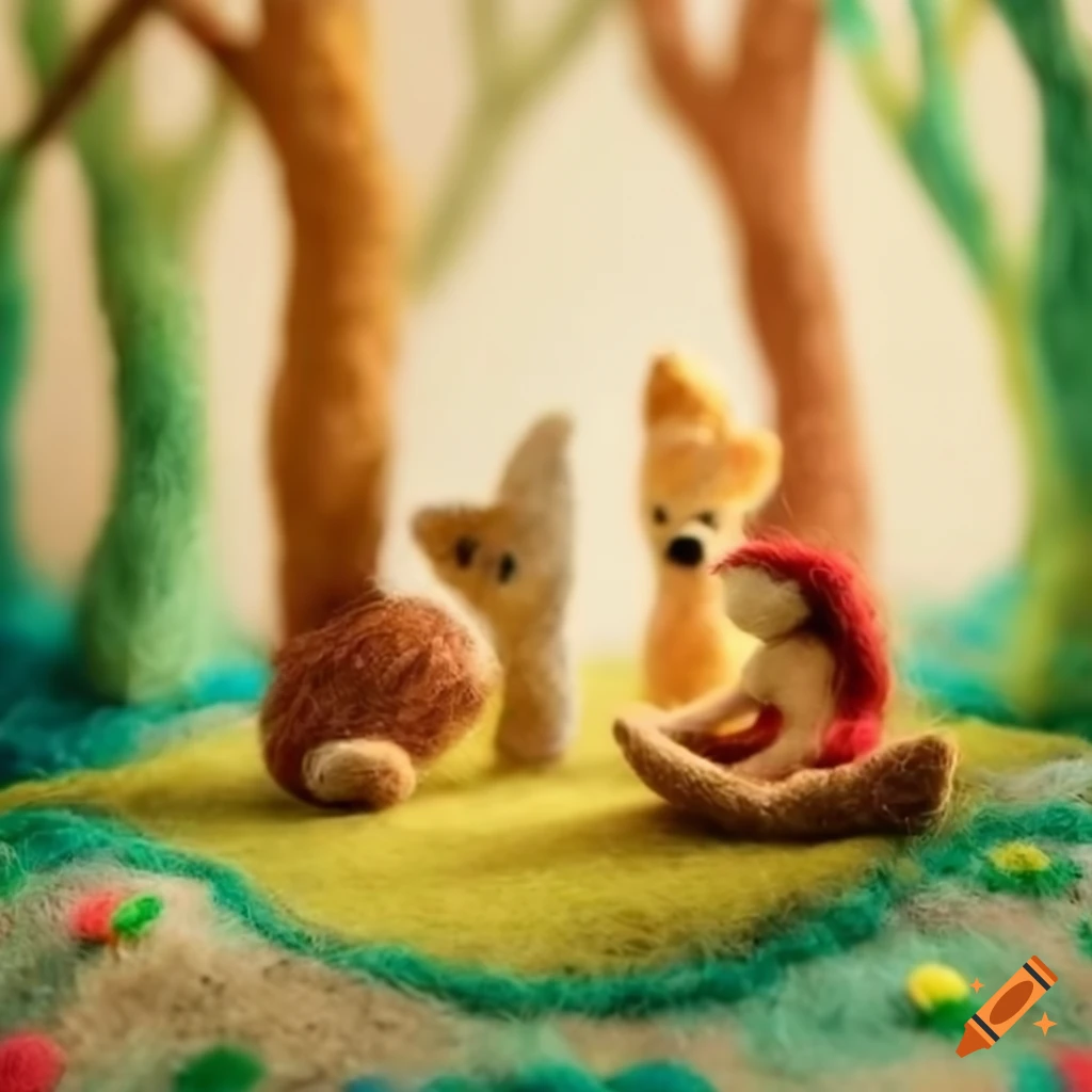 Whimsical felted wool diorama depicting a magical woodland scene